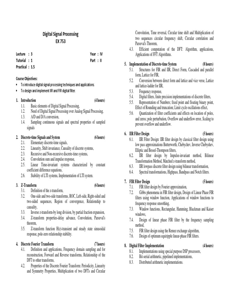 Digital Signal Processing EX 753: Lecture: 3 Year: IV Tutorial: 1 Part ...