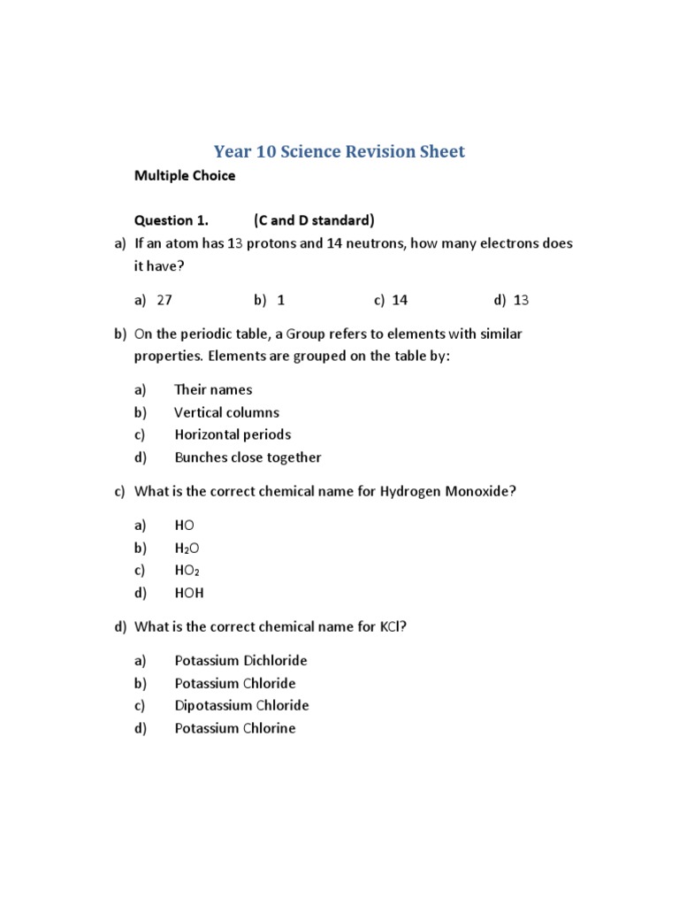 Y10 Sci Revision Sheet | PDF | Chemical Elements | Periodic Table