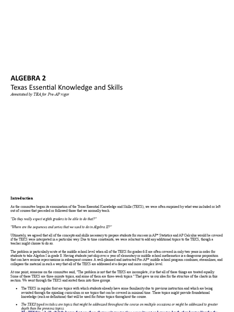 Algebra 2 TEKS From TEA | PDF | Quadratic Equation | Equations