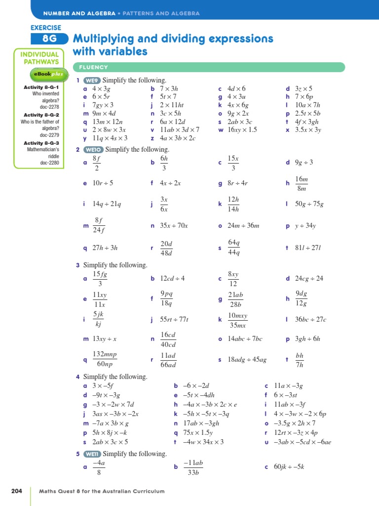 Multiplying and Dividing Expressions With Variables: Individual ...
