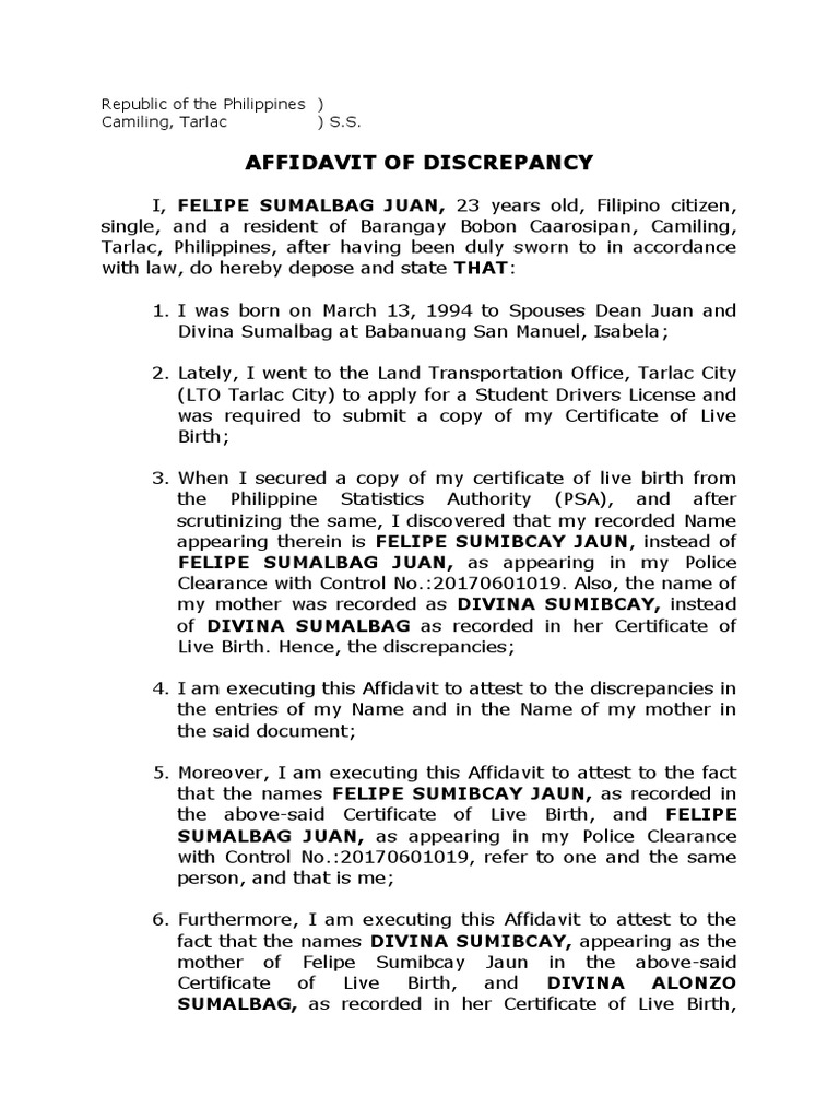 Affidavit of Discrepancy - Felipe (Name and Mother's Name) | Affidavit ...