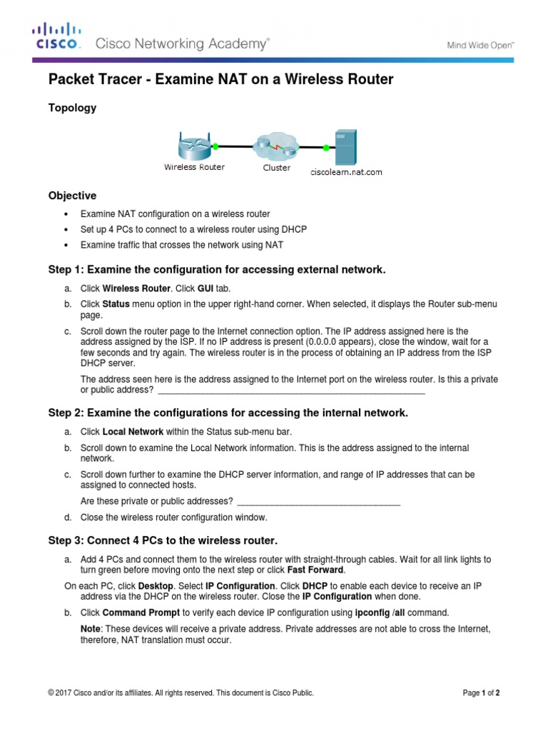 4.4.3.2 Packet Tracer - Examine NAT On A Wireless Router | PDF | Router (Computing) | Ip Address