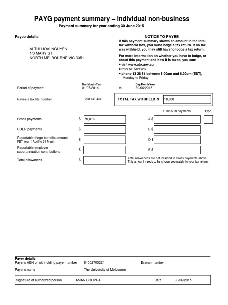 PAYG Payment Summary Individual Non-Business: Ai Thi Hoai Nguyen 1/3 ...