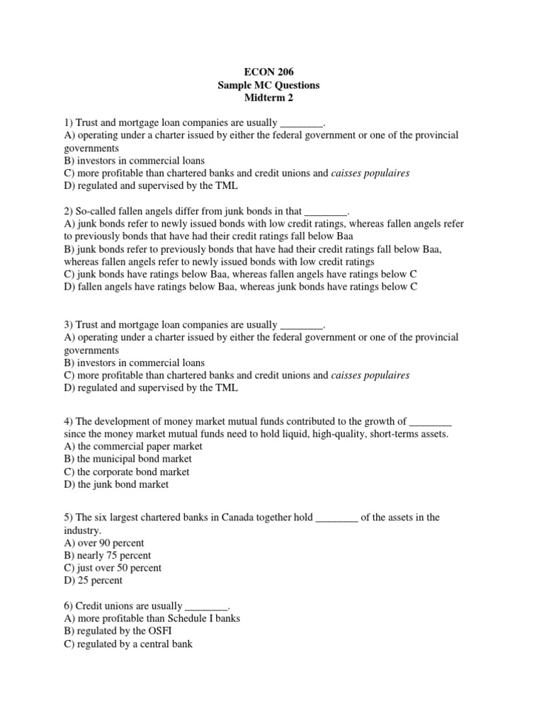 ECON 206 Sample MC Questions Midterm 2 | PDF | Bank Of Canada | Deposit ...