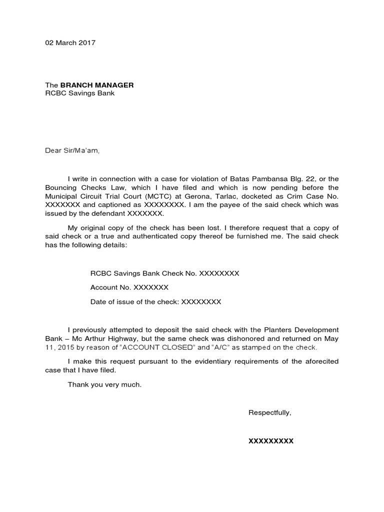 Letter Request To RCBC | PDF