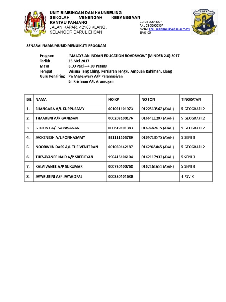 Senarai Nama Murid Mengikuti Program India | PDF