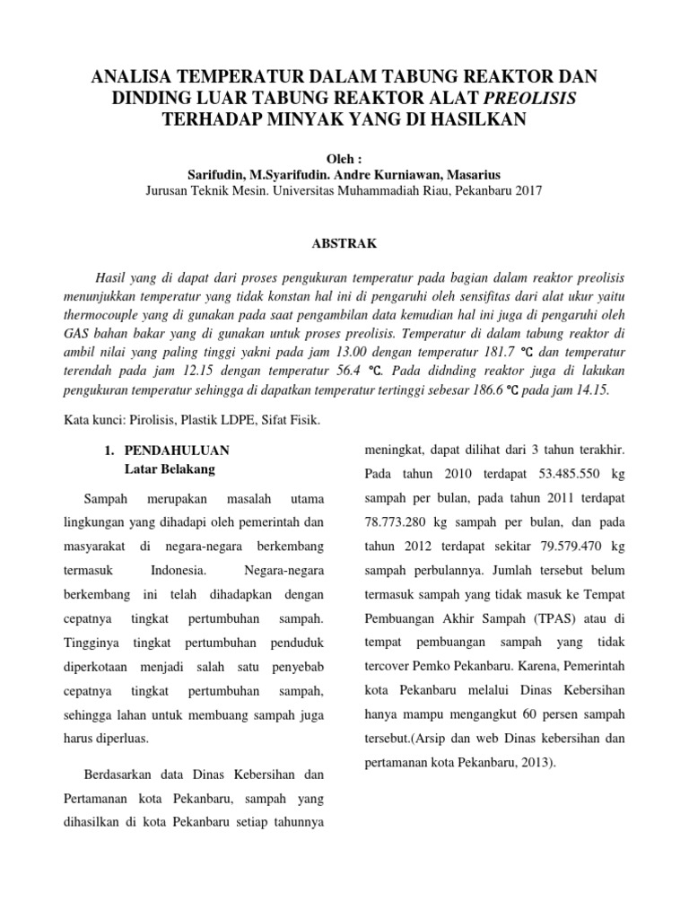 Analisa Temperatur Dalam Tabung Reaktor Dan Dinding Luar Tabung Reaktor ...