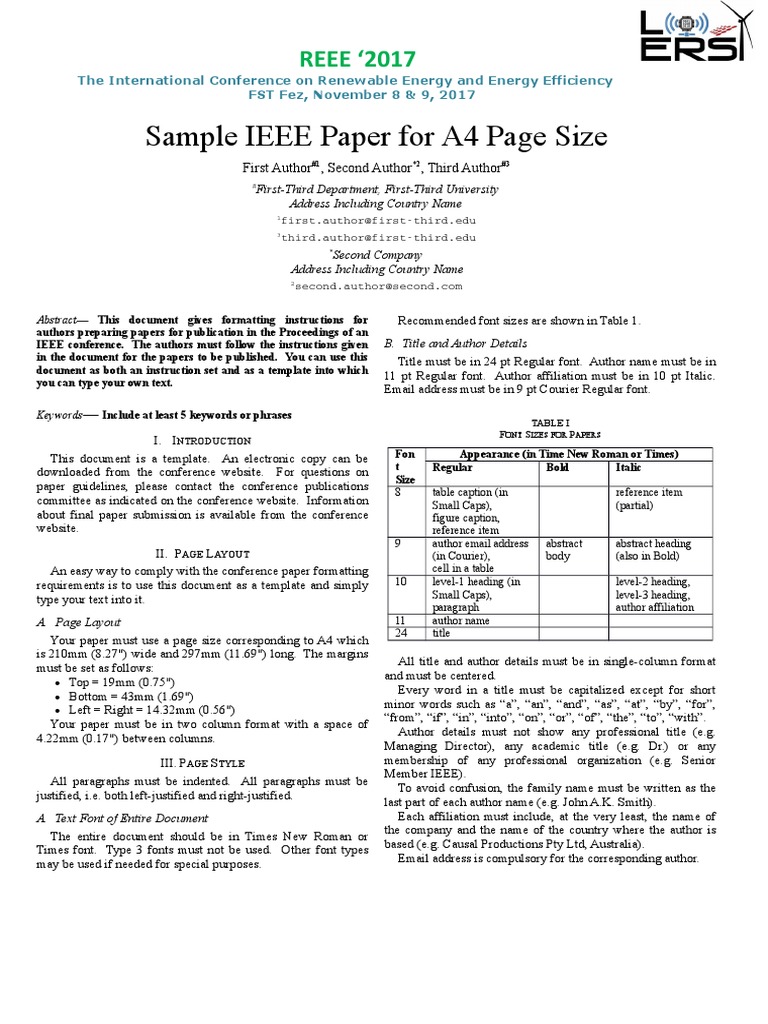 Sample IEEE Paper For A4 Page Size: REEE 2017 | PDF | Paragraph | Times ...