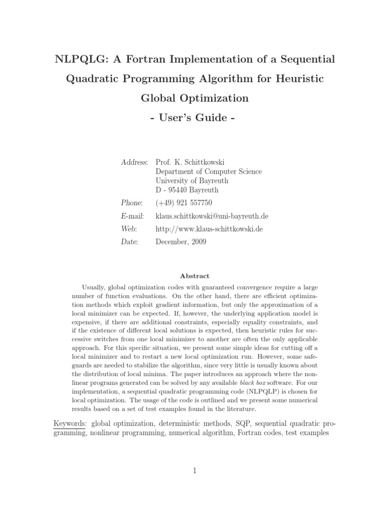 NLPQLG: A Fortran Implementation of A Sequential Quadratic Programming Algorithm For Heuristic ...