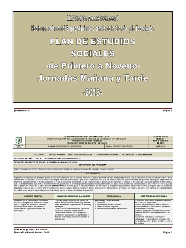 Plan de Estudios de Sociales - de Primero A Noveno-2013 | PDF | Plan de ...