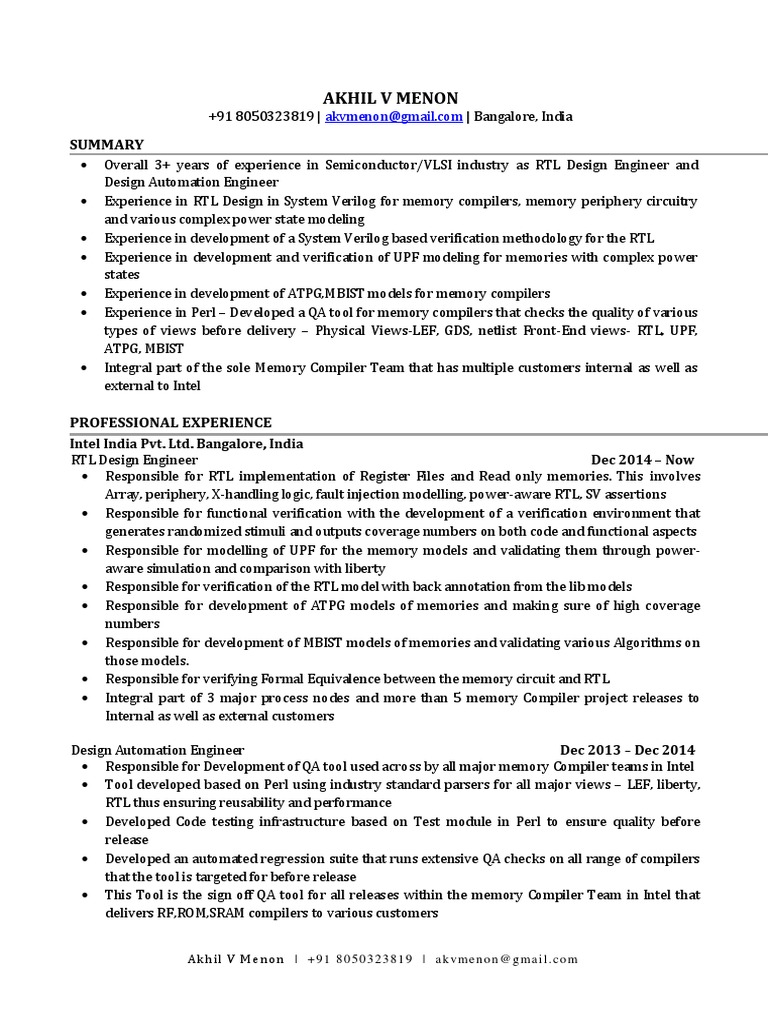 RTL Design 3year Exp M.tech VLSI Resume Akhil V Menon | PDF | Formal Verification | Hardware ...