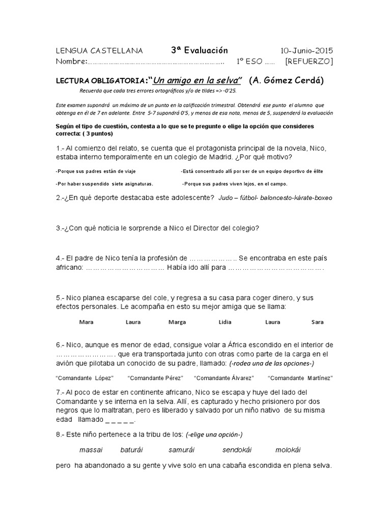 Examen de Lectura: "Un amigo en la selva" | PDF | África | Violencia