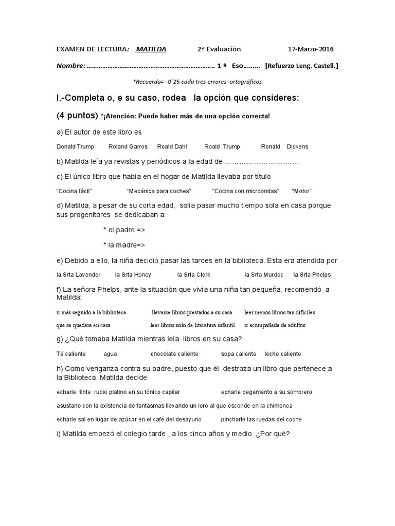 Examen MATILDA | PDF | Novelas infantiles | Novelas de lengua inglesa