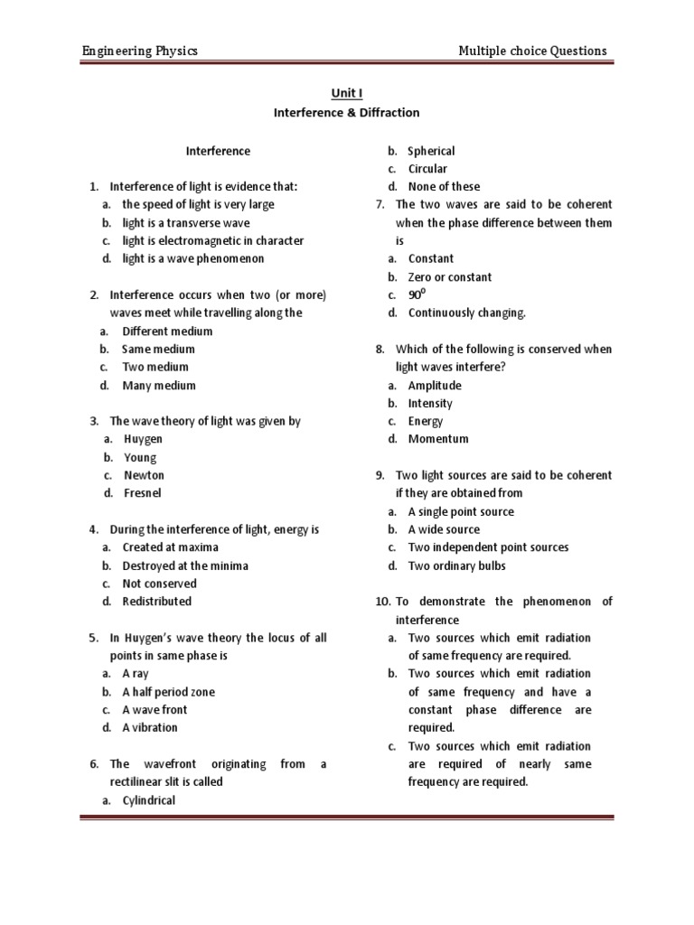 MCQ - Engg Phy - Unit - I | PDF | Interference (Wave Propagation) | Refractive Index