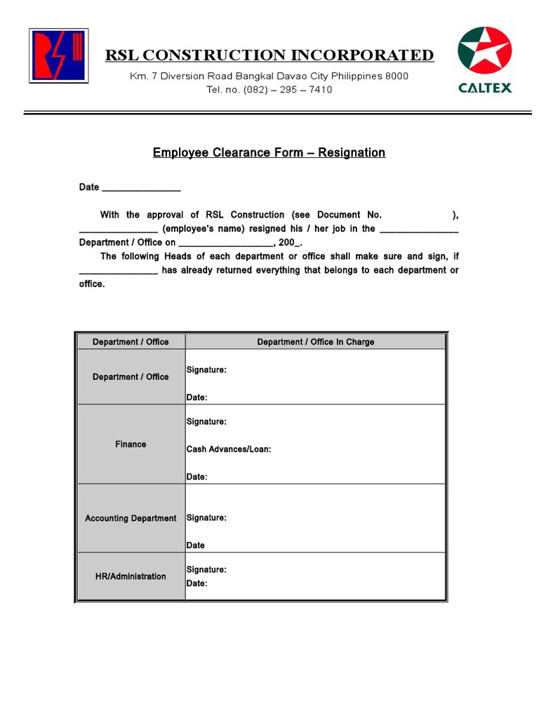 Employee Clearance Form – Resignation