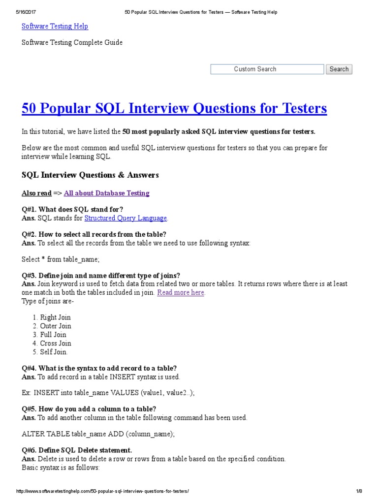 50 Popular SQL Interview Questions For Testers - Software Testing Help ...