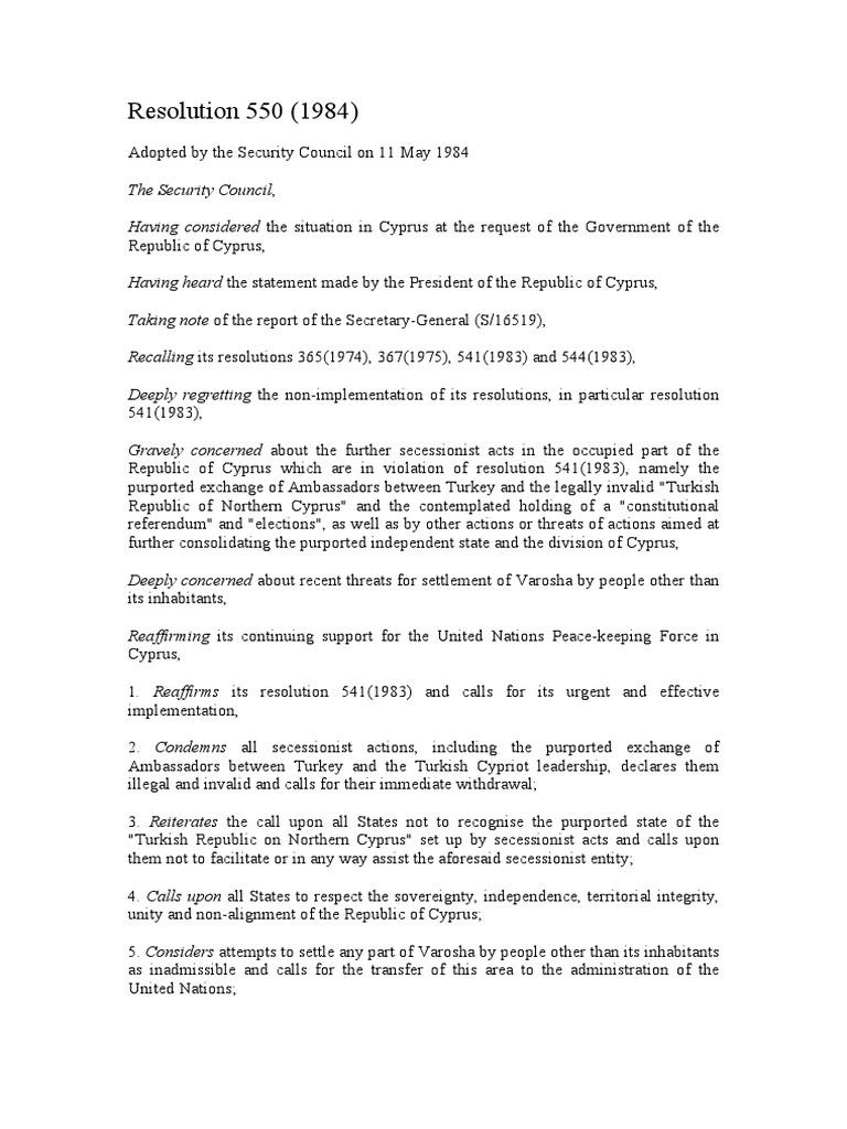 Unsc Res (1984) 550 | Download Free PDF | Cyprus | United Nations