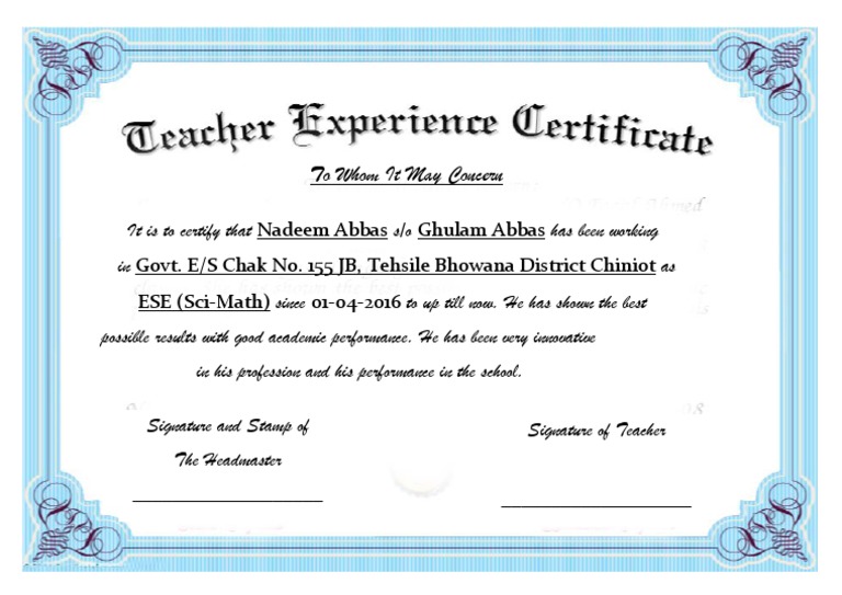 Teacher Experience Certificate | PDF