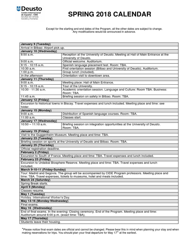 Calendar Spring 2018 | PDF