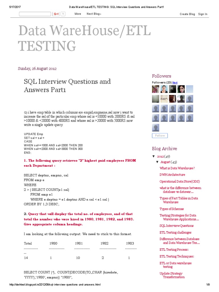 Data WareHouse - ETL TESTING - SQL Interview Questions and Answers ... Data WareHouse - ETL TESTING - SQL Interview Questions and Answers ...