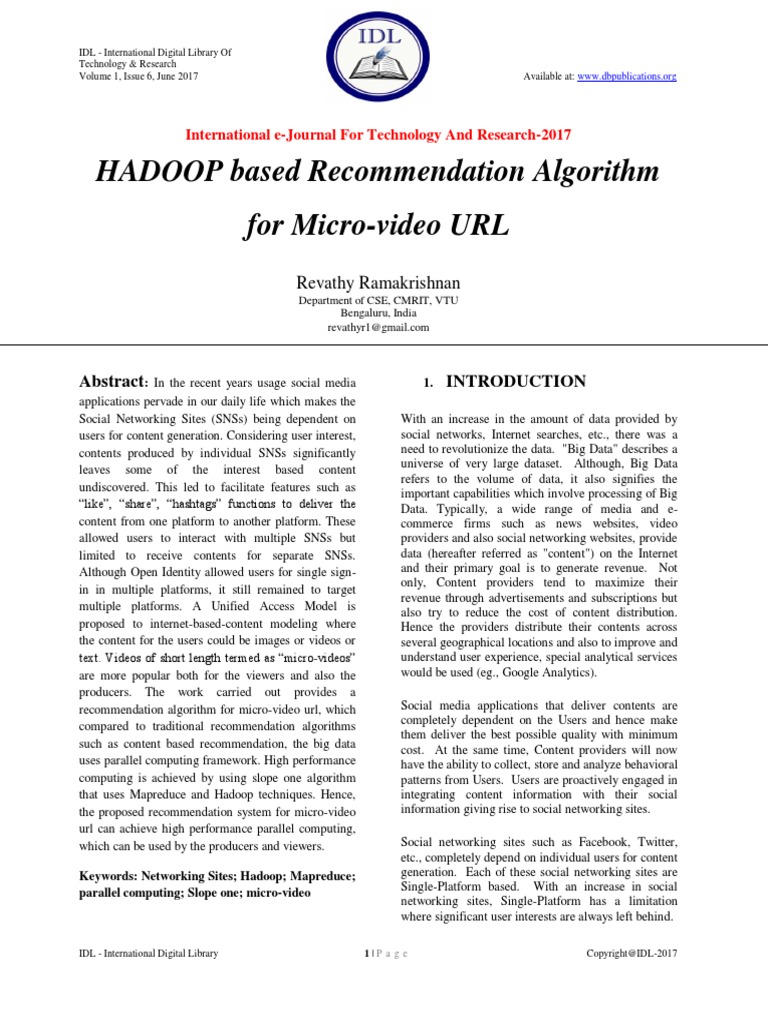 Hadoop Based Recommendation Algorithm For Micro Video Url Pdf Big Data Social Networking 