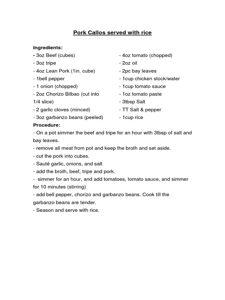 Pork Callos Served With Rice: Ingredients: - 3oz Beef (Cubes) | PDF ...