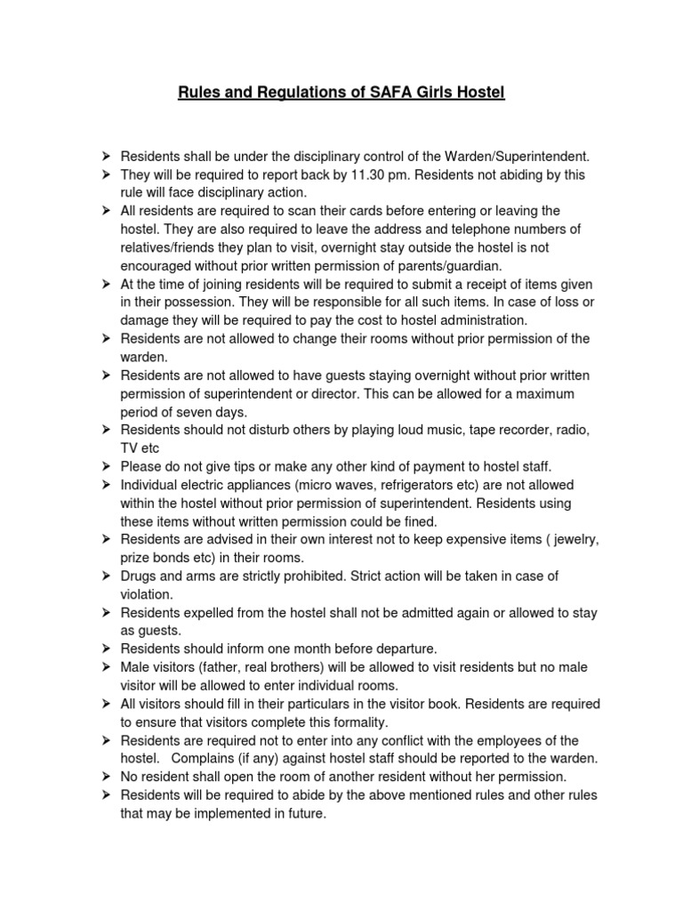 Rules and Regulations of SAFA Girls Hostel | PDF | Government | Business