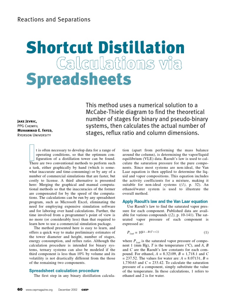 Spreadsheet Distillation PDF | PDF | Distillation | Physical Chemistry