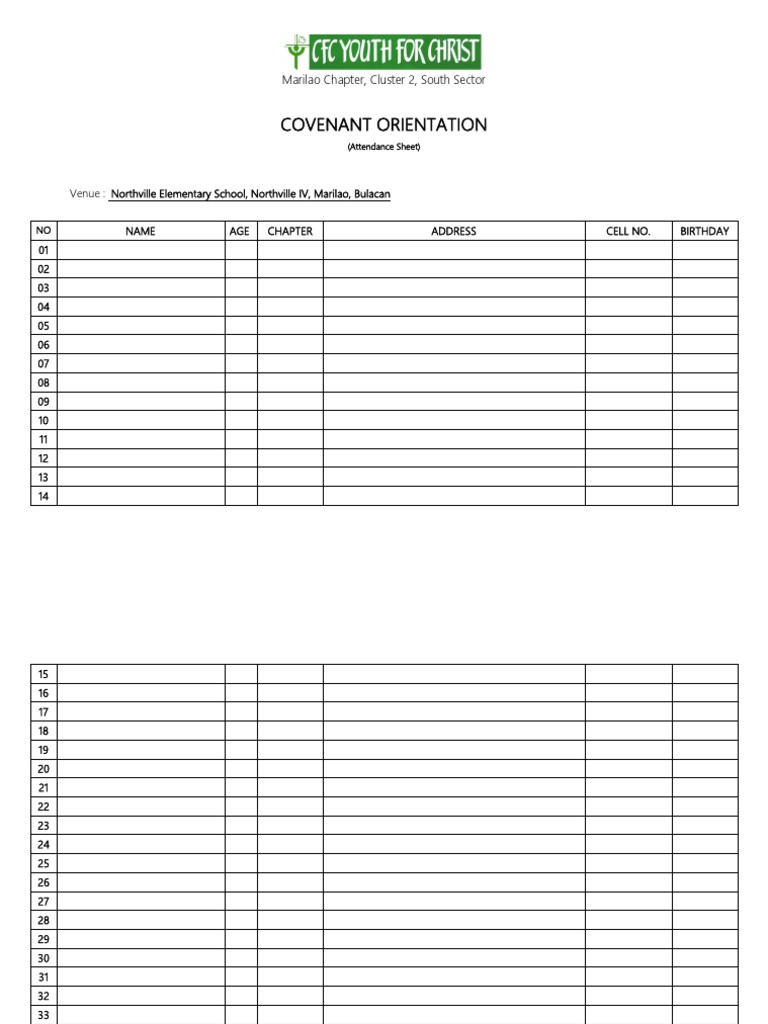 Covenant Orientation (Attendance Sheet)