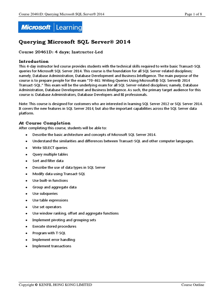 Course Outline - 20461D | PDF | Microsoft Sql Server | Database Transaction