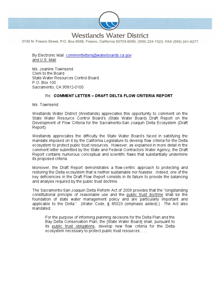 Westlands Letter To Water Board Draft Re Delta Flow Criteria | PDF ...