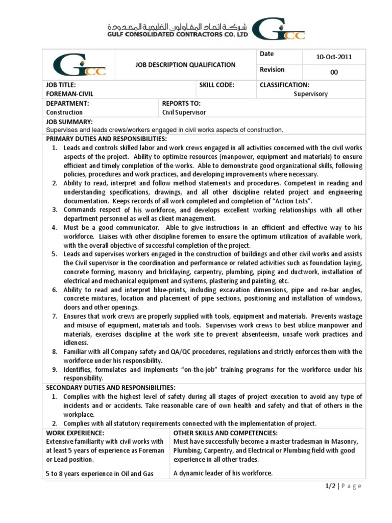 Foreman Civil Pdf Professional Certification Occupational 9071