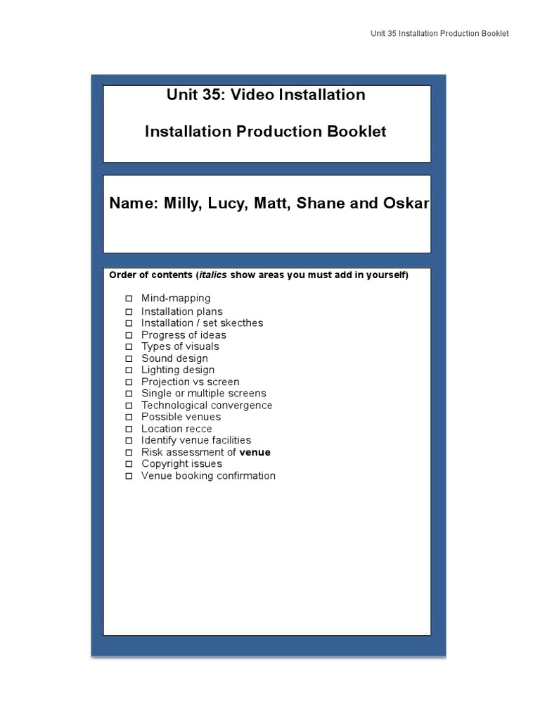 Unit 35: Video Installation Installation Production Booklet | PDF ...