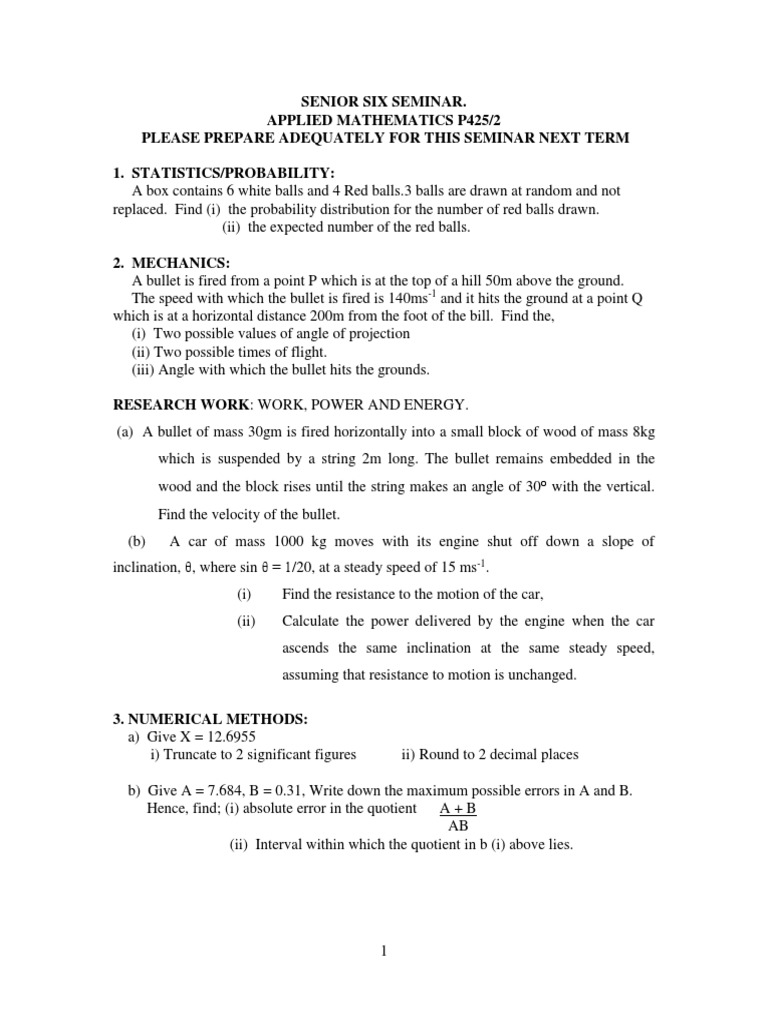 Senior Six Seminar. Applied Mathematics P425/2 Please Prepare ...