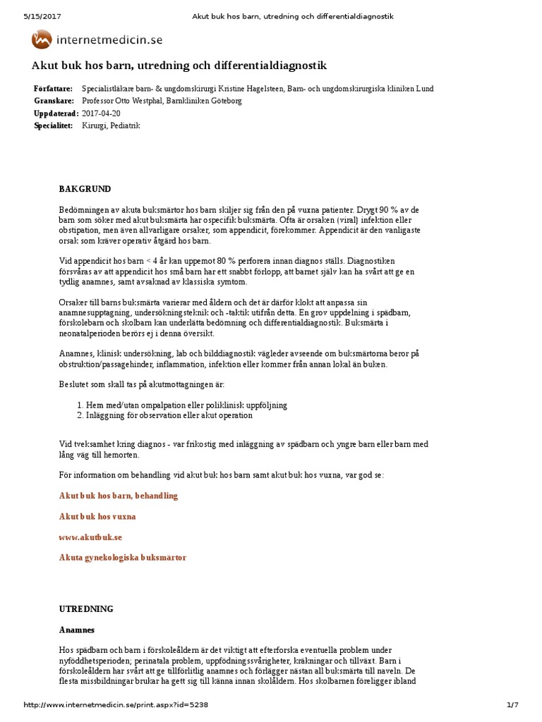Akut Buk Hos Barn, Utredning Och Differentialdiagnostik | PDF