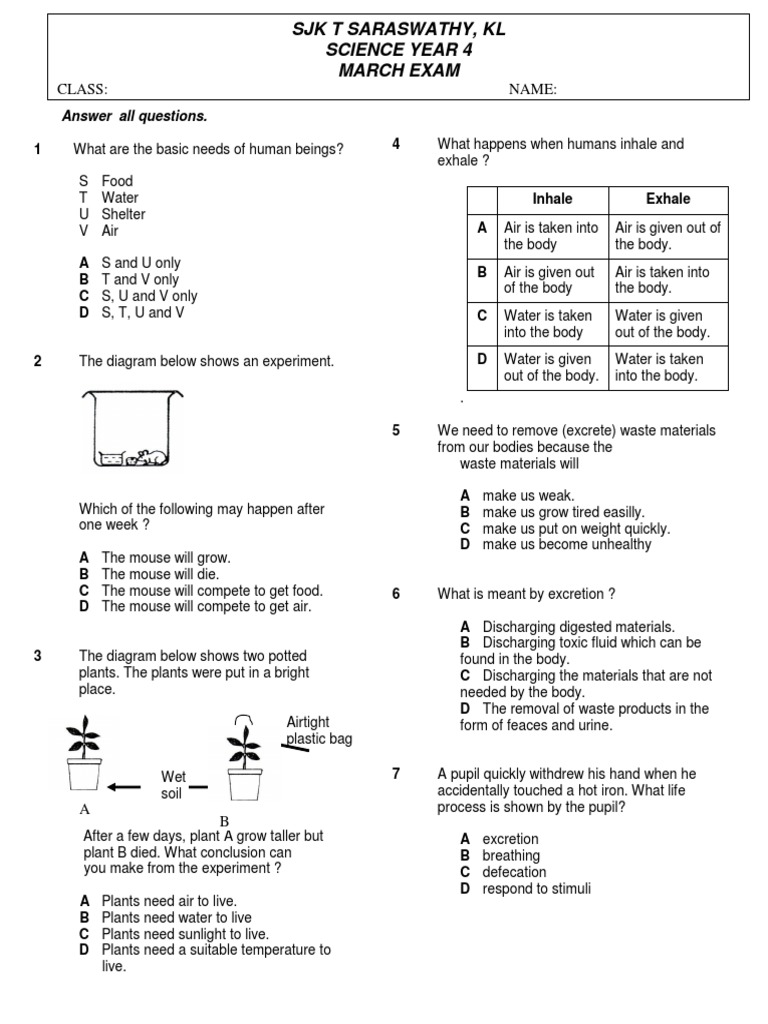 SJK T Saraswathy, KL Science Year 4 March Exam: Class: Name | PDF ...