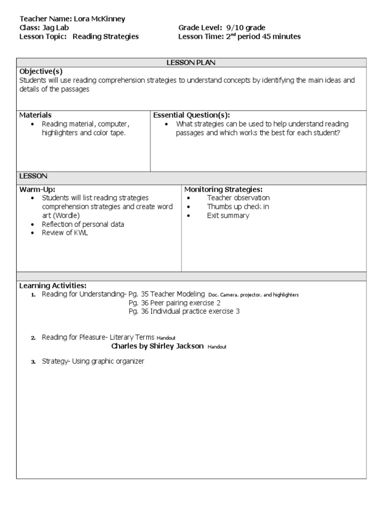 Reading Strategies Lesson Plan | PDF | Reading Comprehension | Reading ...