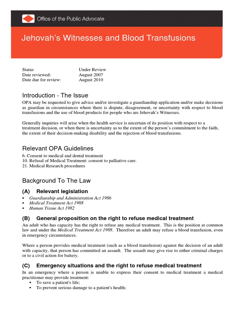 Jehovah's Witnesses Blood Transfusion Guidelines | PDF | Medicine ...