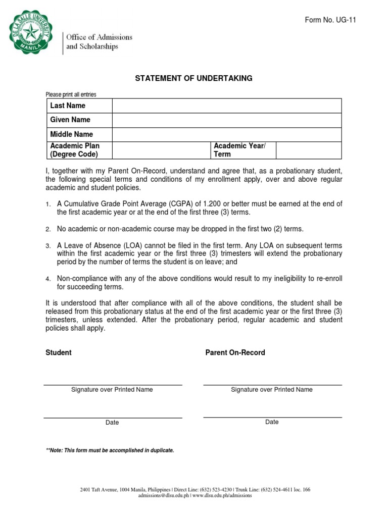 Admission Statement of Undertaking | PDF