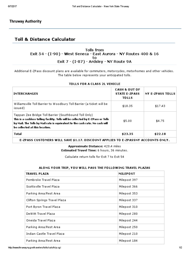Toll & Distance Calculator: Thruway Authority | PDF | Toll Road ...