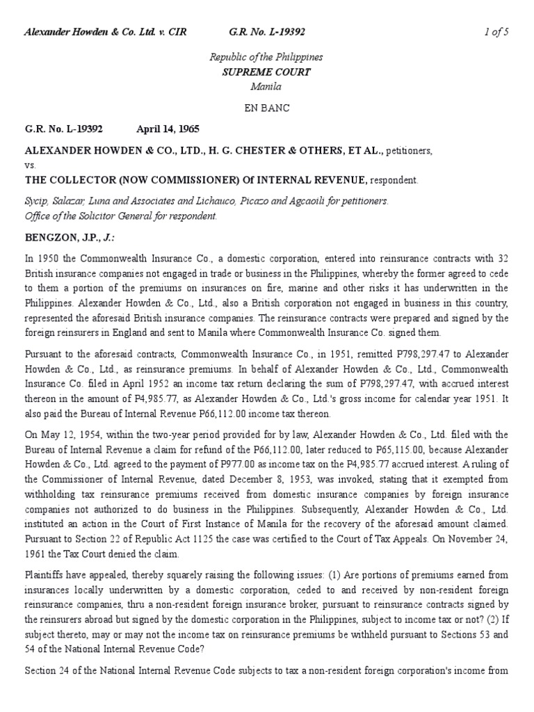 034-Alexander Howden & Co. Ltd. v. CIR, 13 SCRA 601 | Download Free PDF ...