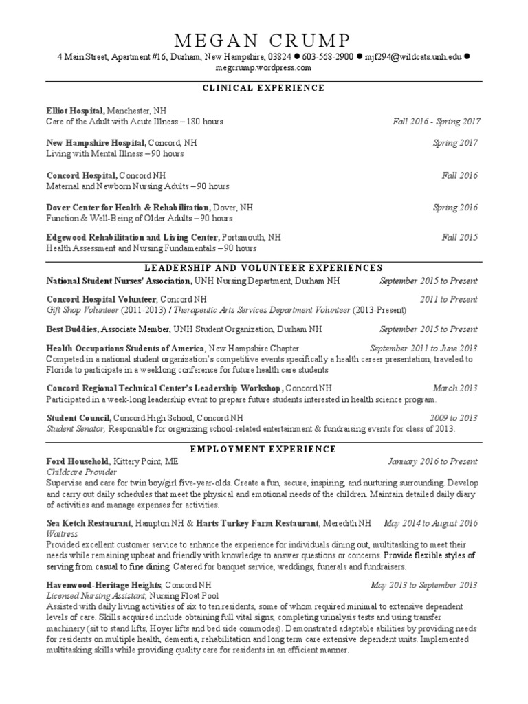 Megan Crump: Clinical Experience | PDF | Nursing | Service Industries