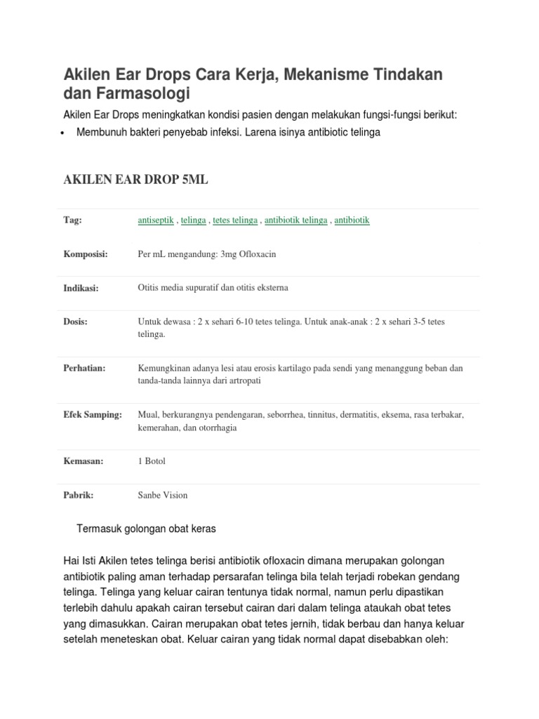 AKILEN EAR DROPS: FARMAKOLOGI, INDIKASI, DOSIS DAN EFEK SAMPING | PDF