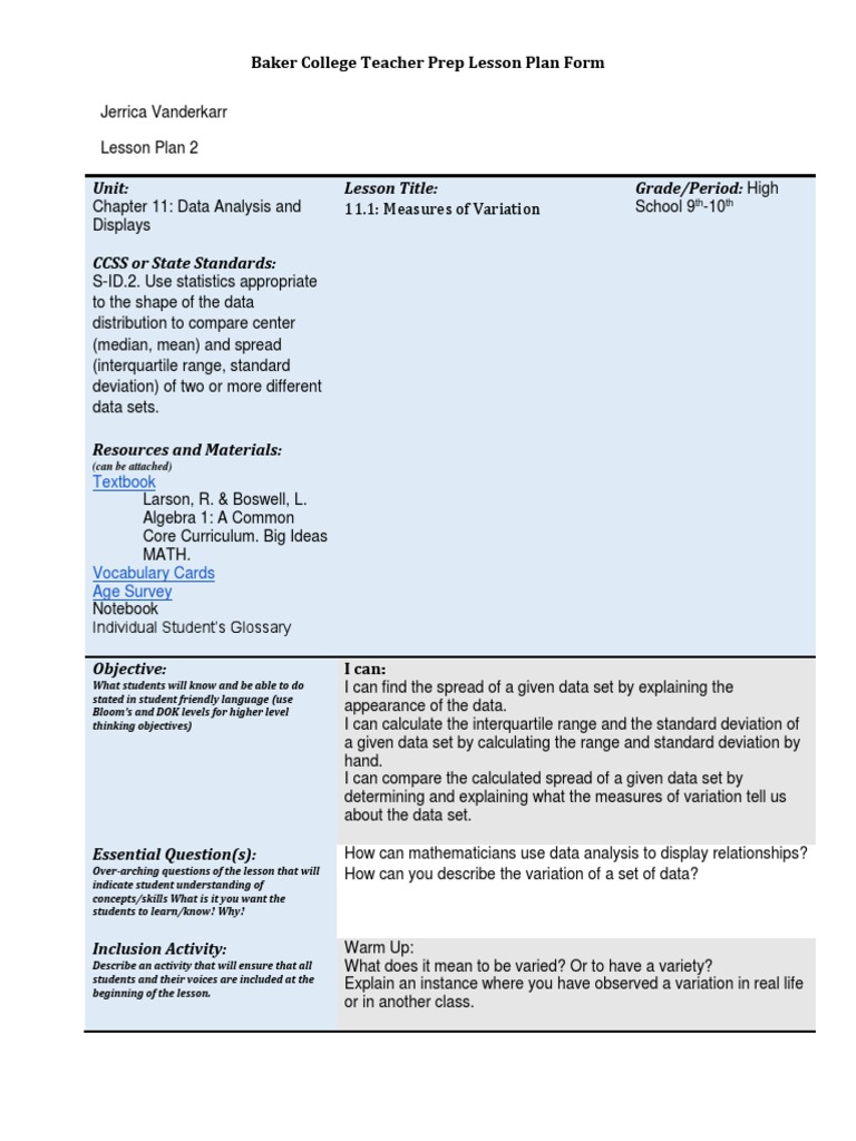 Unit: Lesson Title: Grade/Period:: Baker College Teacher Prep Lesson ...