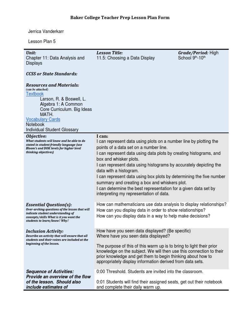 Unit: Lesson Title: Grade/Period:: Baker College Teacher Prep Lesson ...