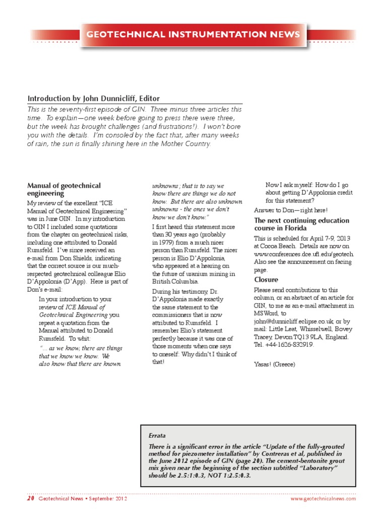 Geotechnical Instrumentation News: Introduction by John Dunnicliff, Editor | PDF