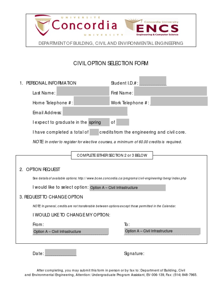 Civil Option Selection Form: Department of Building, Civil and ...