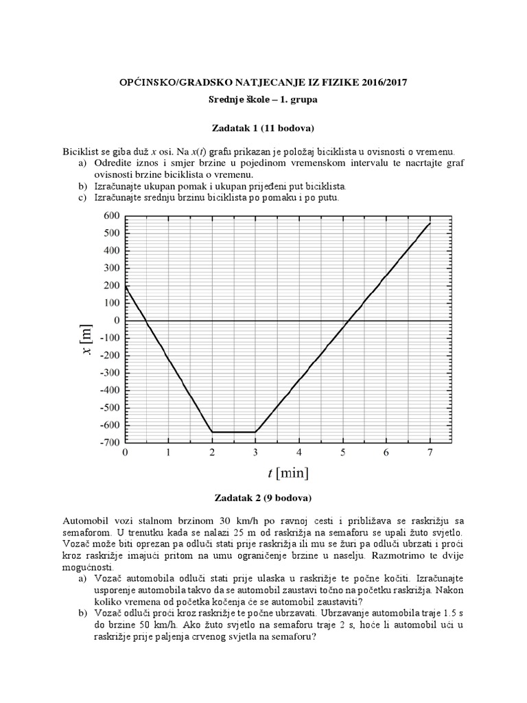 Općinsko Natjecanje Iz Fizike 2017. (1. Razred, Zadaci) | PDF