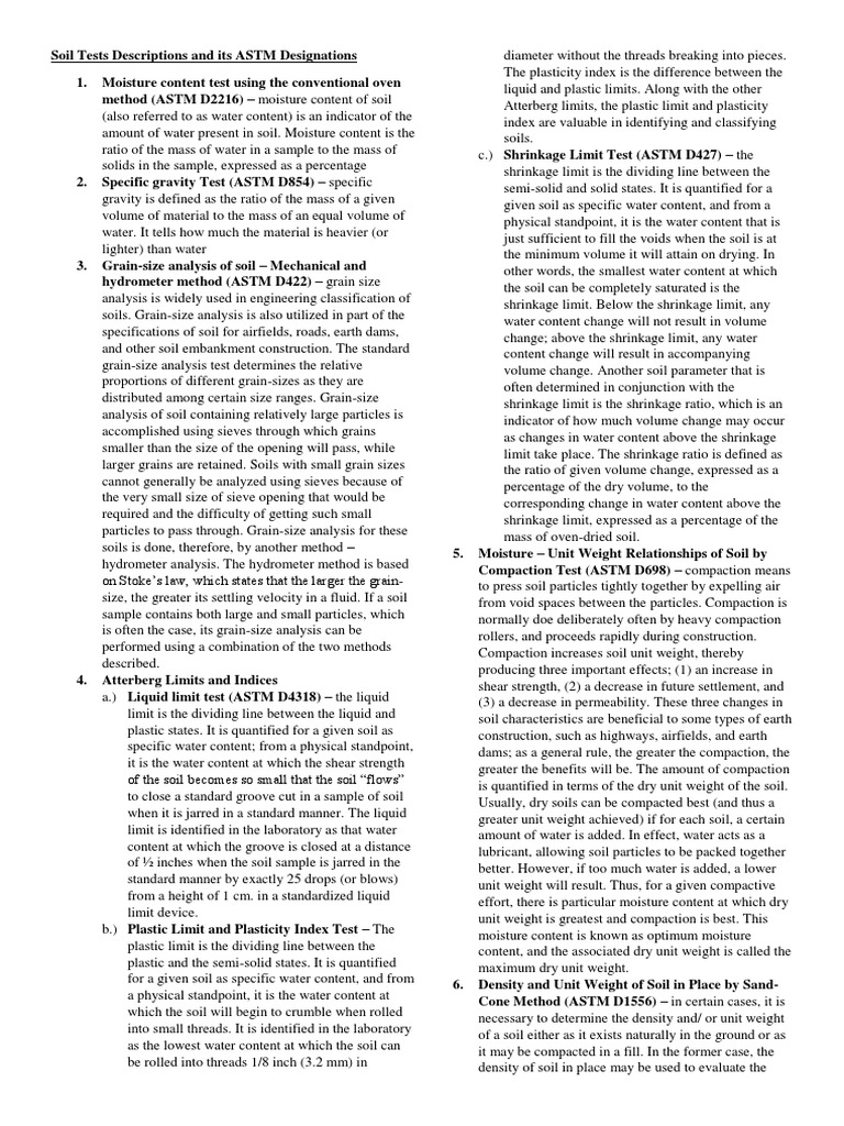 Soil Tests Descriptions and Its ASTM Designations | PDF | Soil ...