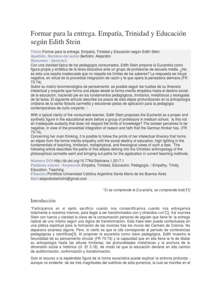 Formar para La Entrega. Empatía, Trinidad y Educación Según Edith Stein ...